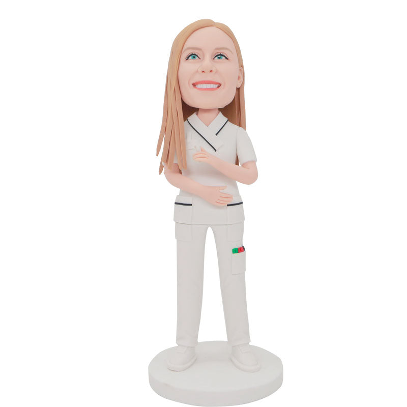 Custom Female Nurse Bobblehead In White Uniform – Figure Bobblehead