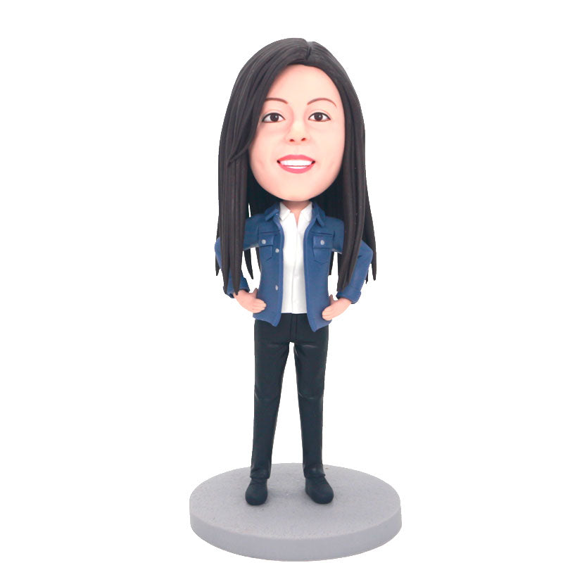Custom Lady Bobblehead Wearing Jeans With Arms Akimbo – Figure Bobblehead
