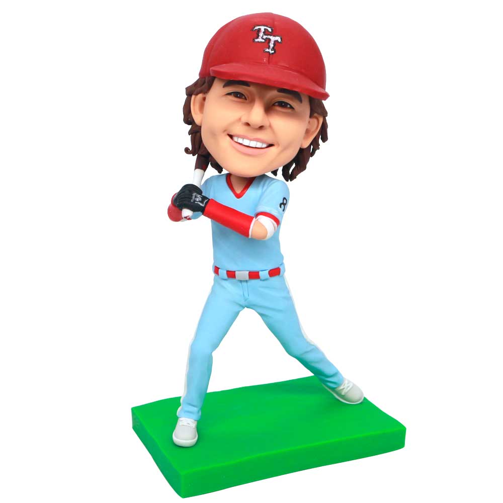 Male Baseball Player In Blue Baseball Uniform Custom Figure Bobblehead