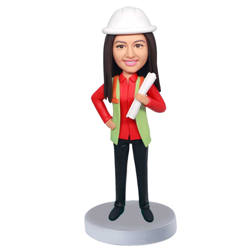 Female Engineer Holding Drawing Custom Figure Bobbleheads