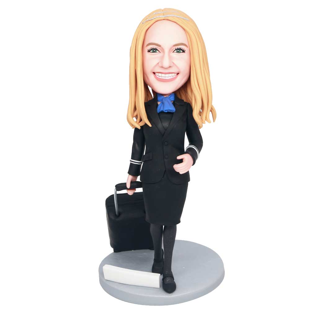Flight Attendant In Black Uniform Custom Figure Bobbleheads