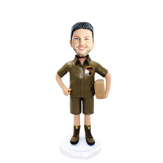 Custom UPS Mailman Postman Bobblehead in Work Clothes Holding Courier ...