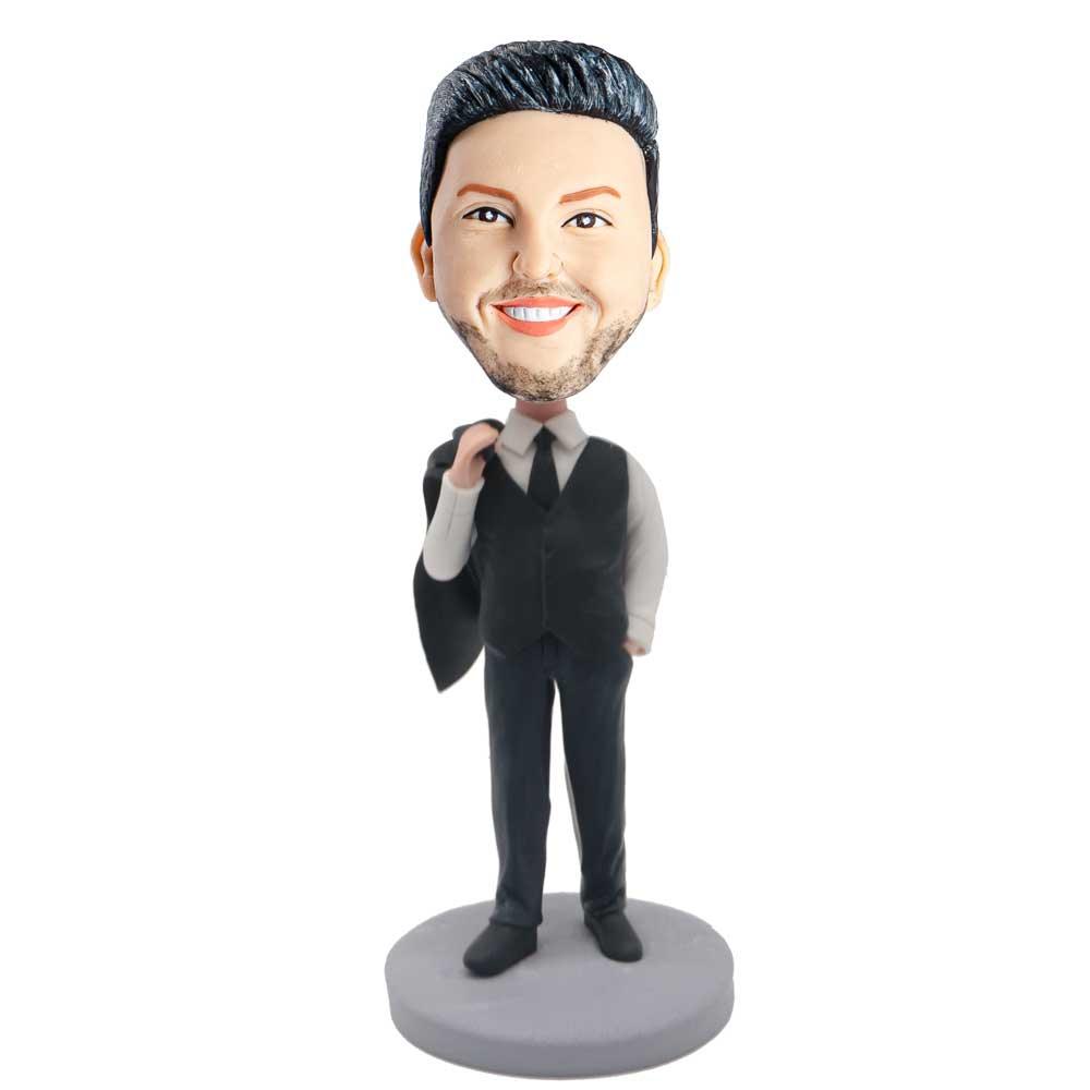 Male Office Staff In Black Suit And Coat Over Shoulder Custom Figure B ...